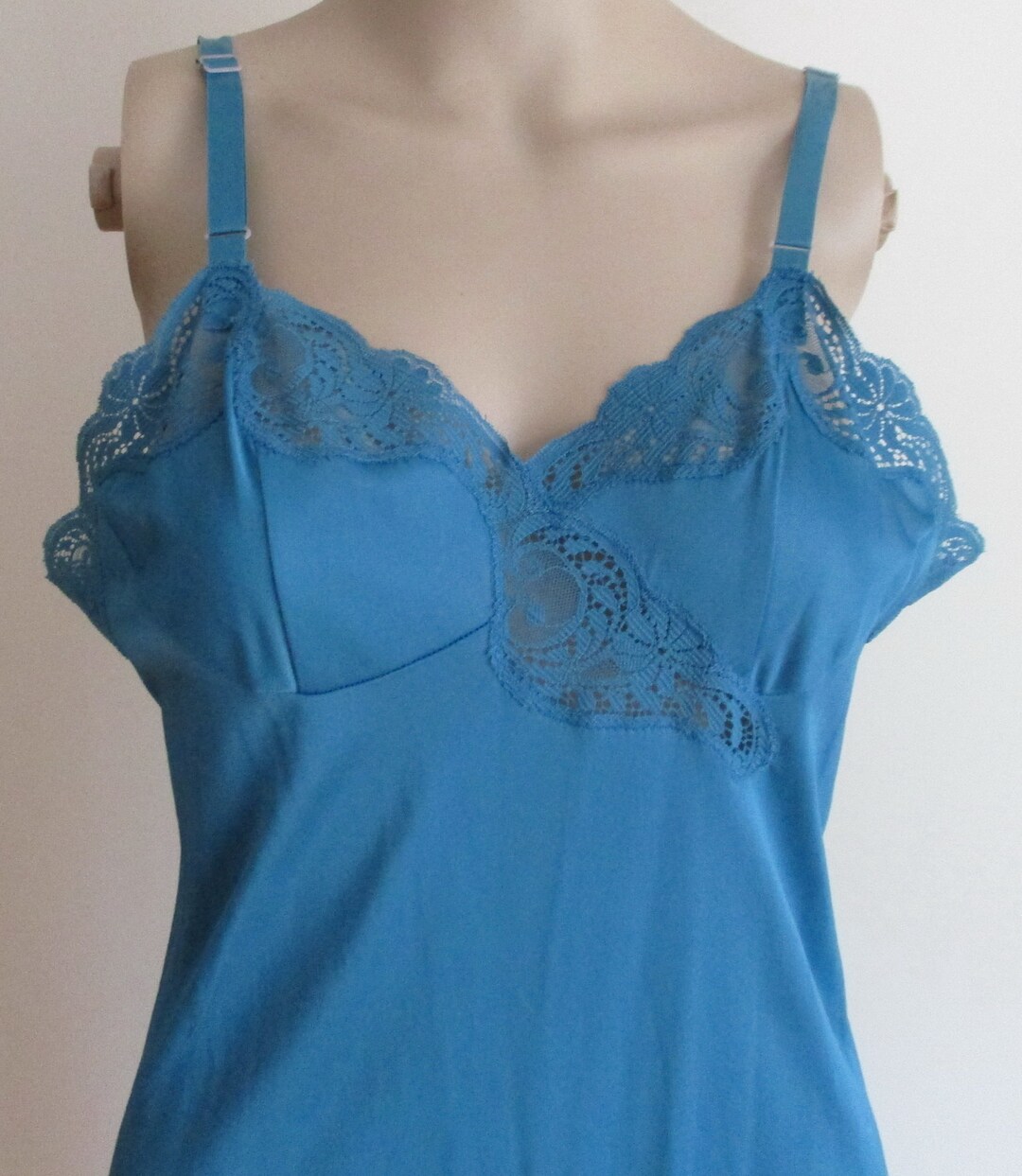 Vintage Blue Full Nylon Slip, Size 36, Adjustable Satin Straps, Lacy ...