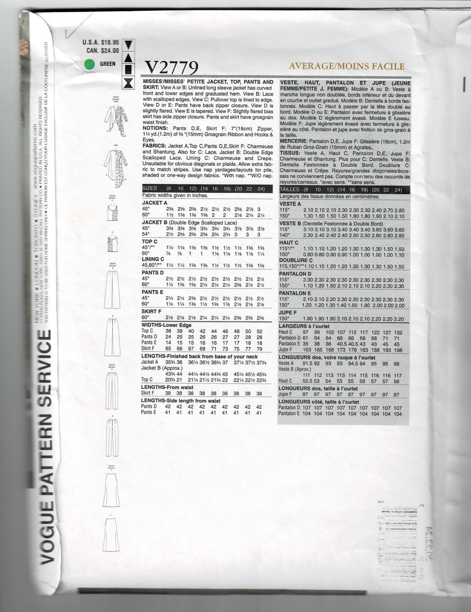 Vogue 2779 Sewing Pattern, Misses Petite Unlined Jacket W Graduating ...