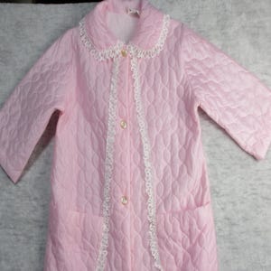 70s Pink Quilted Nylon Housecoat, Lace Trims, 2 Front Pockets, SM, 3/4 ...