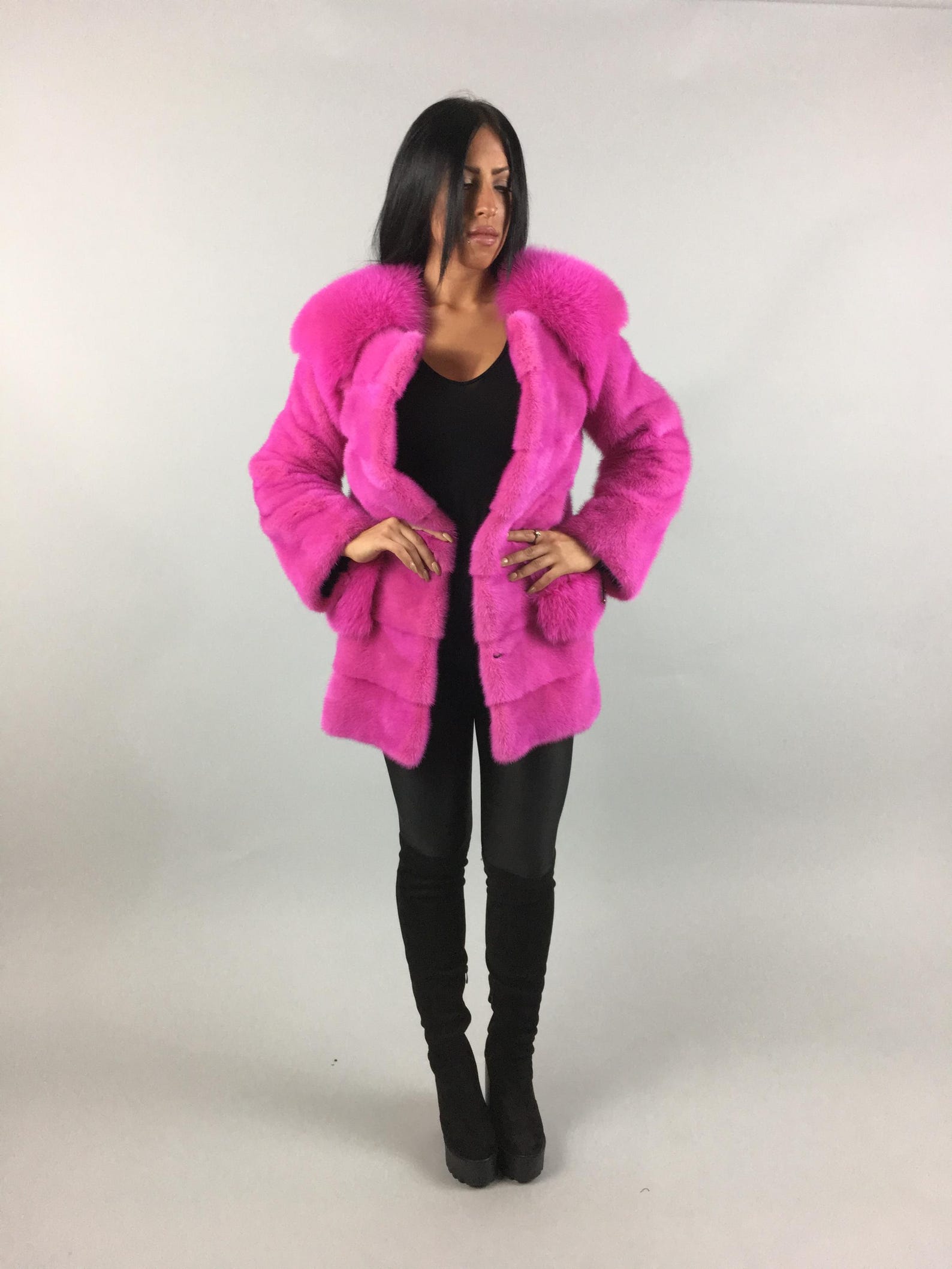 Neon Pink Mink Fur Coat With Fox Fur Collar & Pockets – Bold Luxury ...