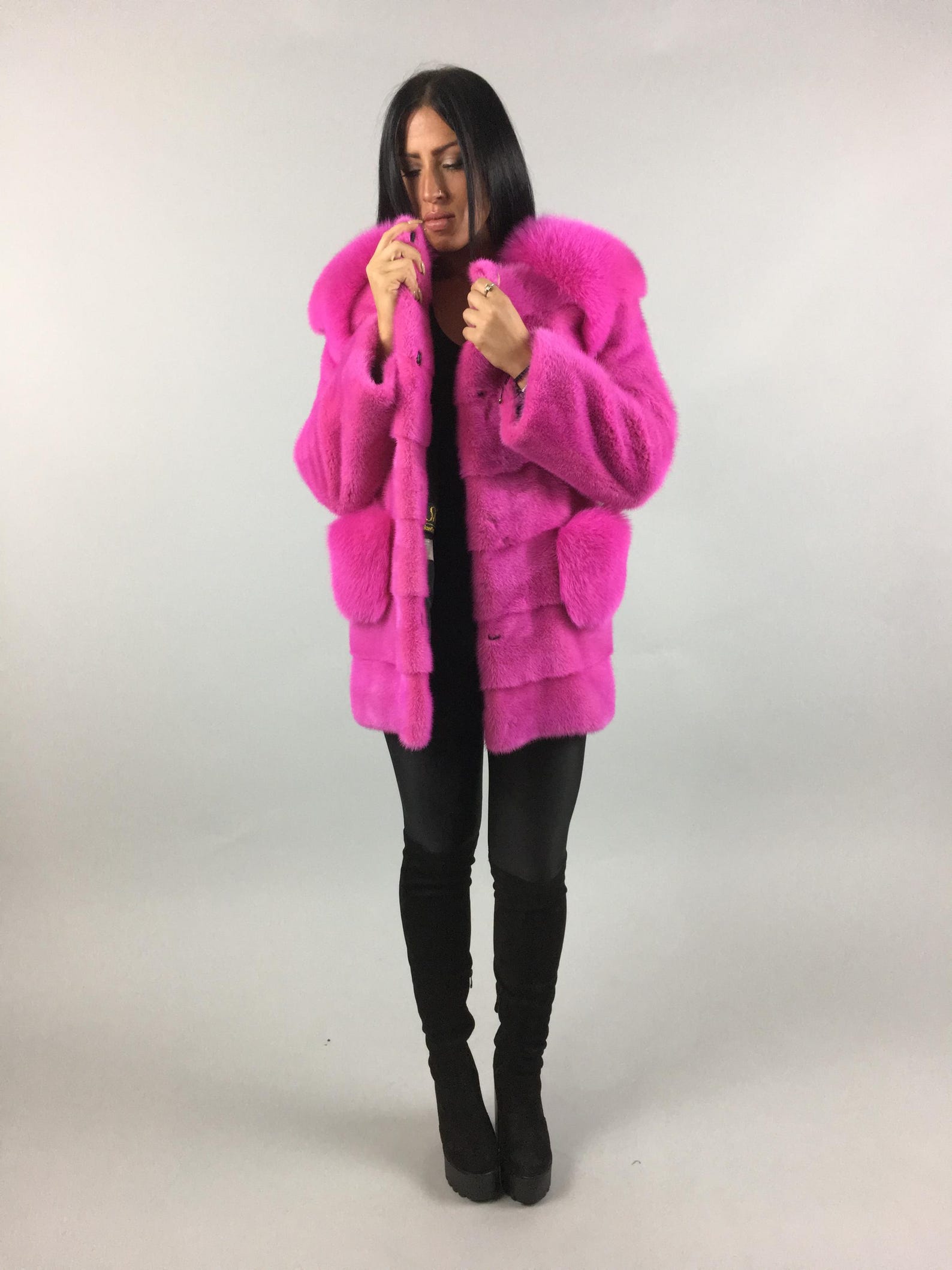 Neon Pink Mink Fur Coat With Fox Fur Collar & Pockets – Bold Luxury ...