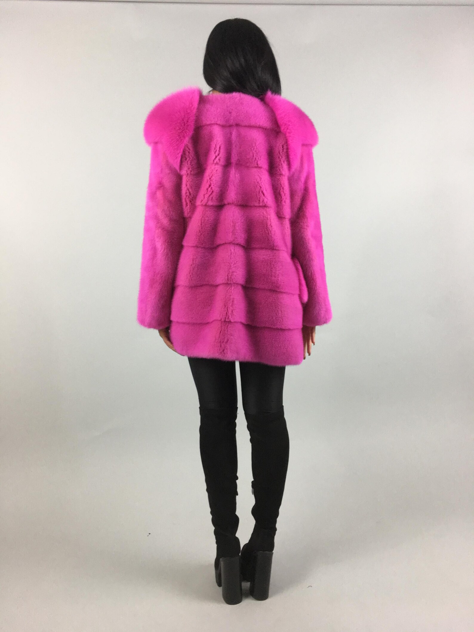 Neon Pink Mink Fur Coat With Fox Fur Collar & Pockets – Bold Luxury ...