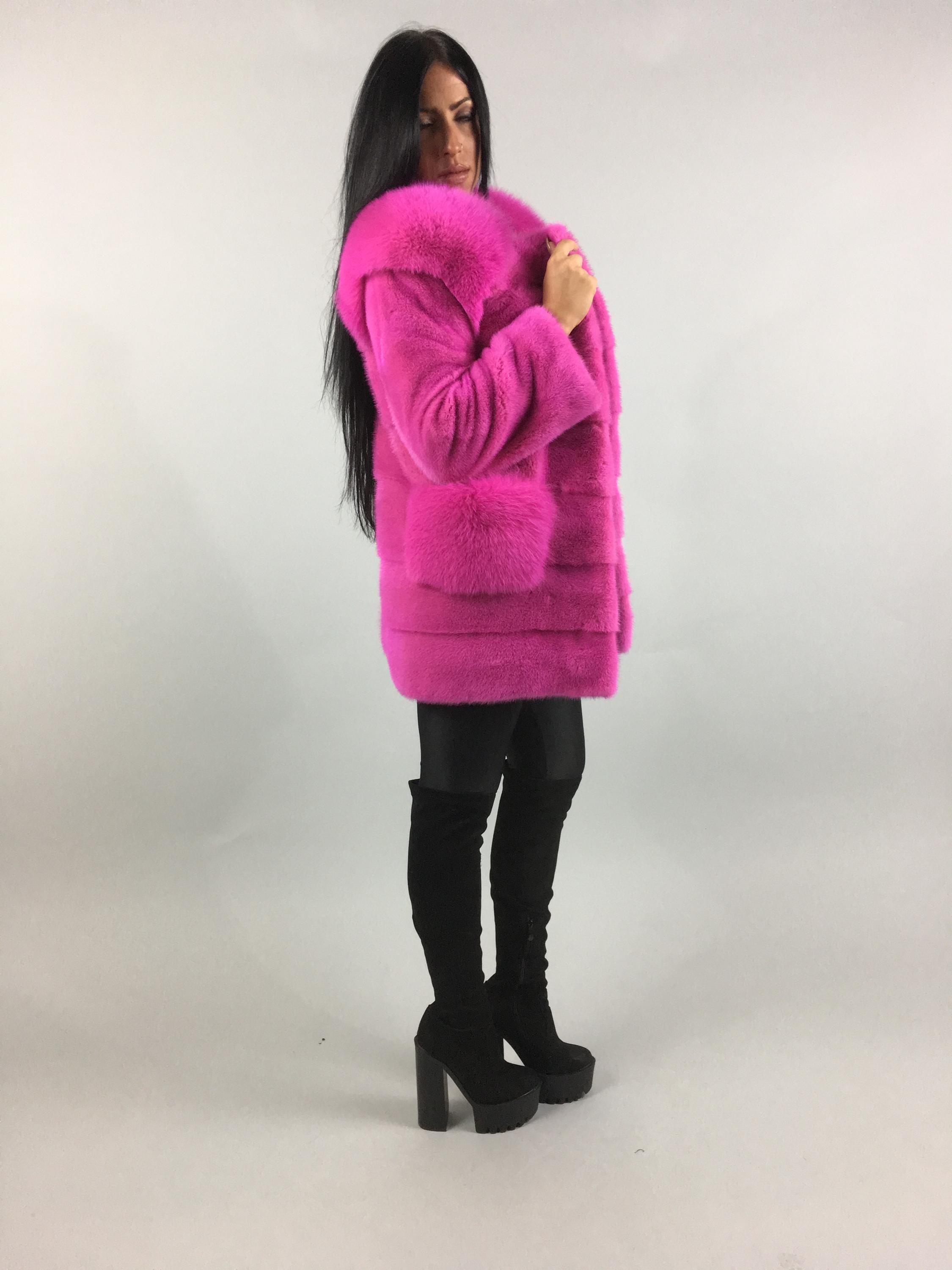 Neon Pink Mink Fur Coat With Fox Fur Collar & Pockets – Bold Luxury ...