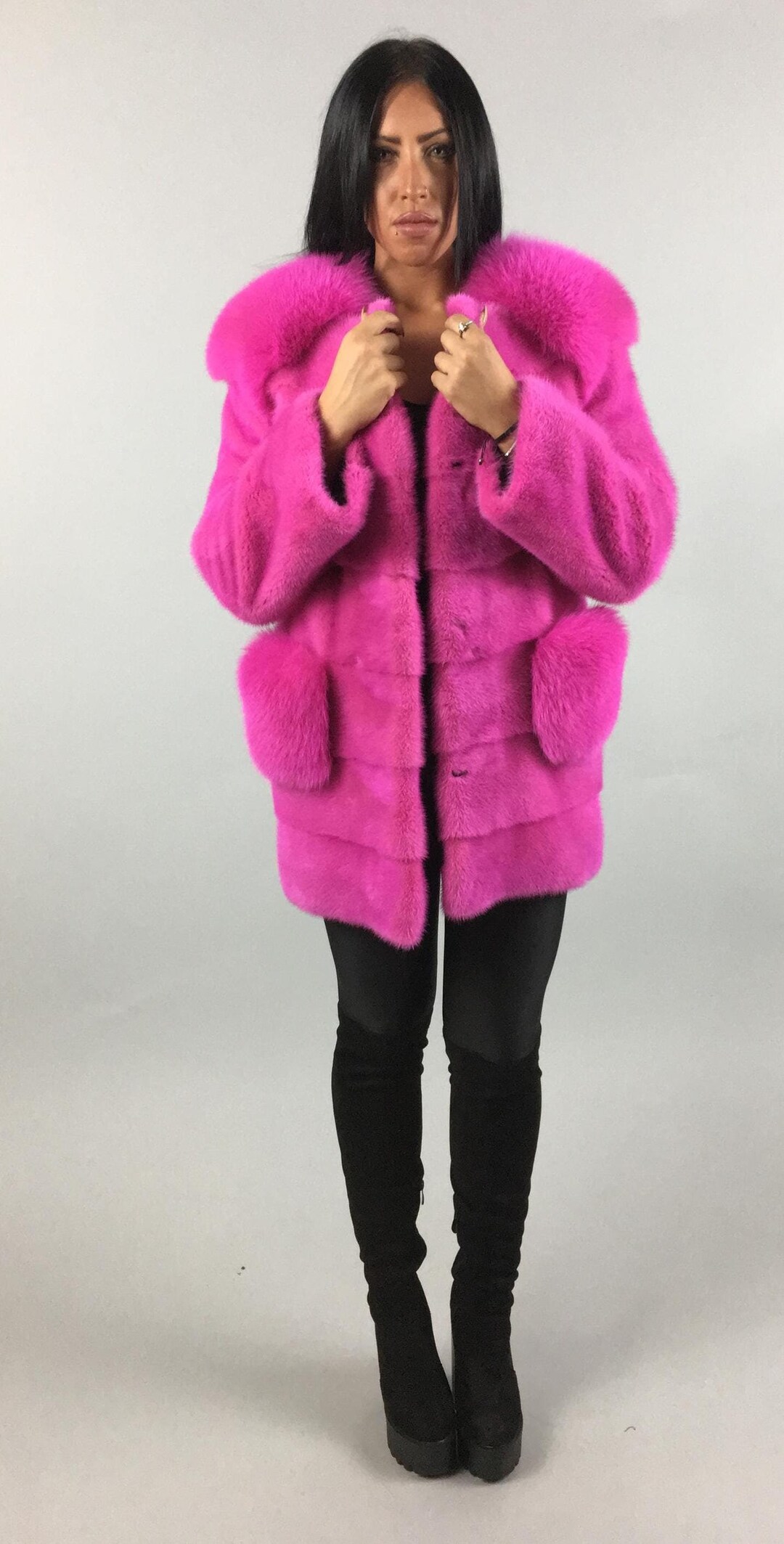 Neon Pink Mink Fur Coat With Fox Fur Collar & Pockets – Bold Luxury ...