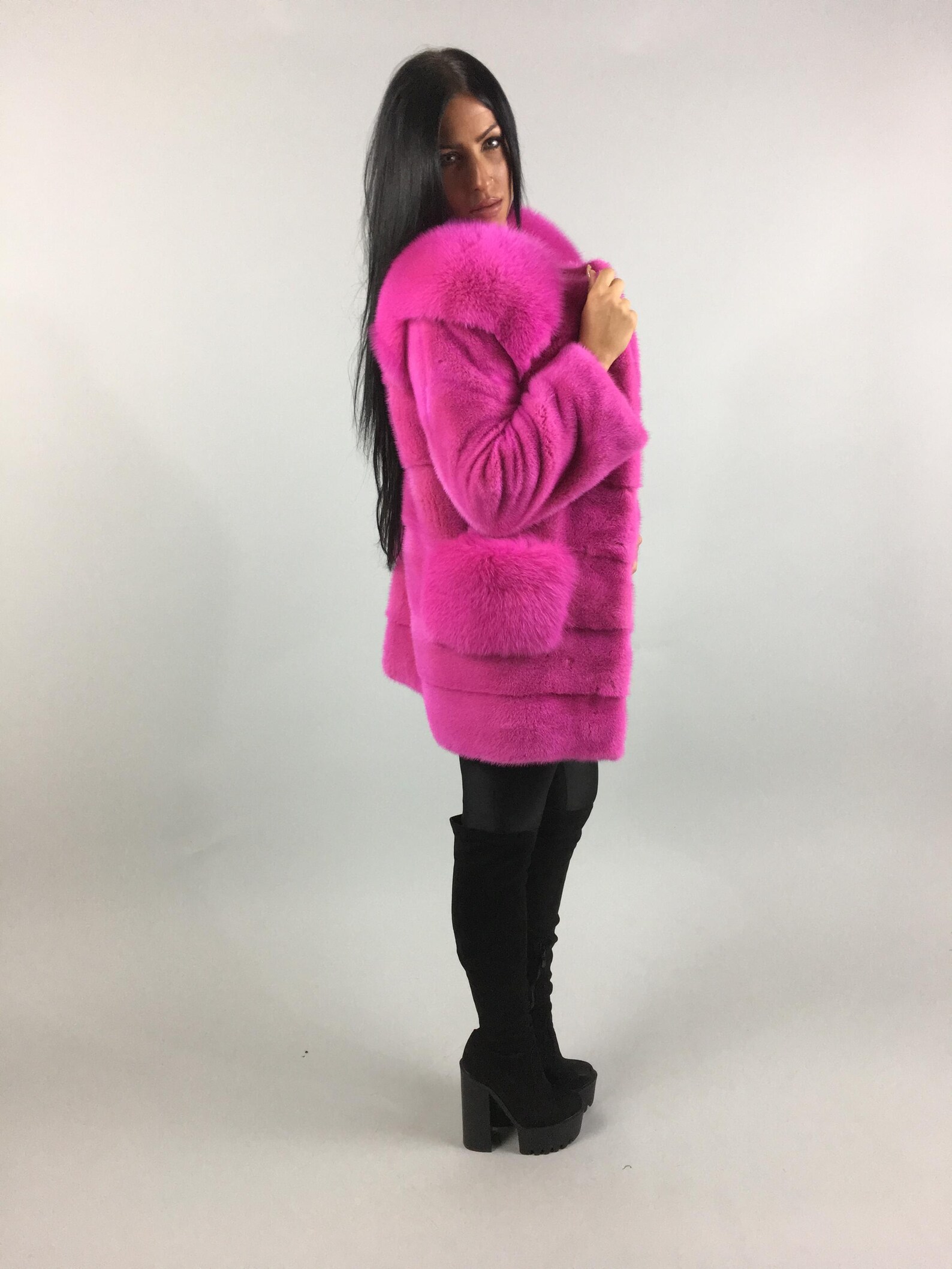 Neon Pink Mink Fur Coat With Fox Fur Collar & Pockets – Bold Luxury ...