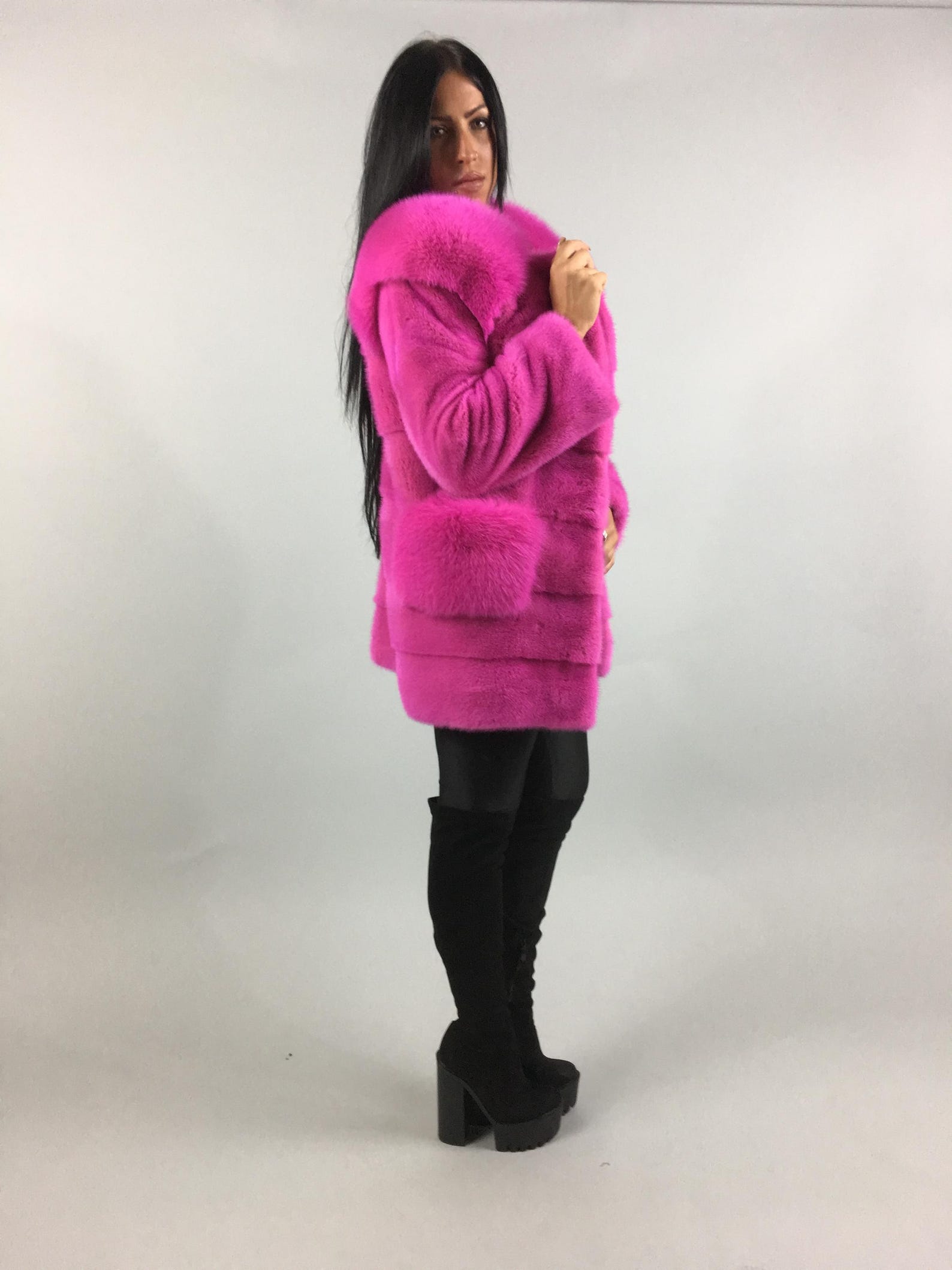 Neon Pink Mink Fur Coat With Fox Fur Collar & Pockets – Bold Luxury ...