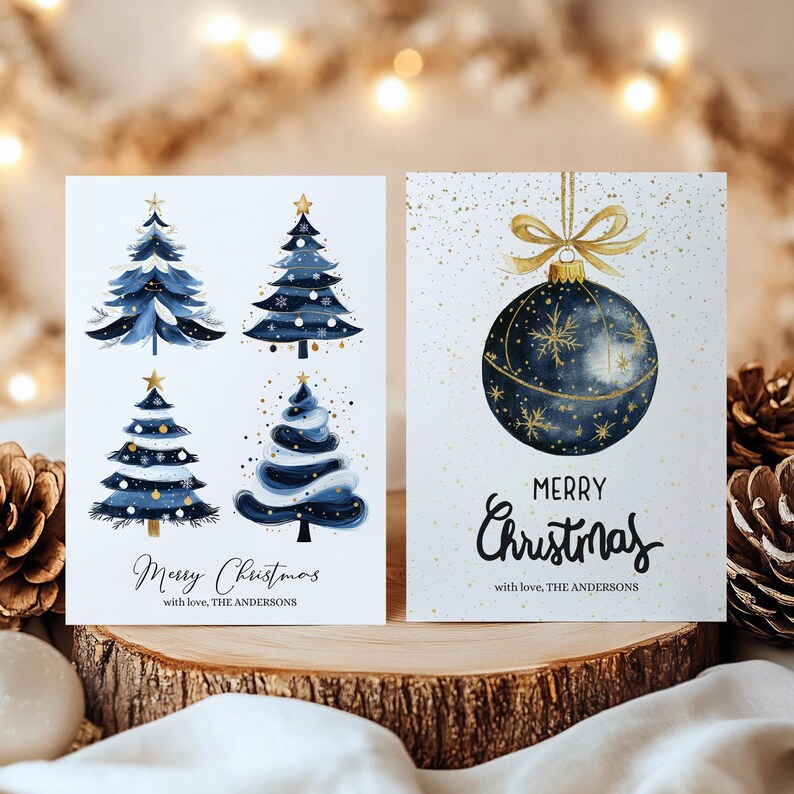 Blue Christmas Card Template, 10 Piece Holiday Greeting Cards ...
