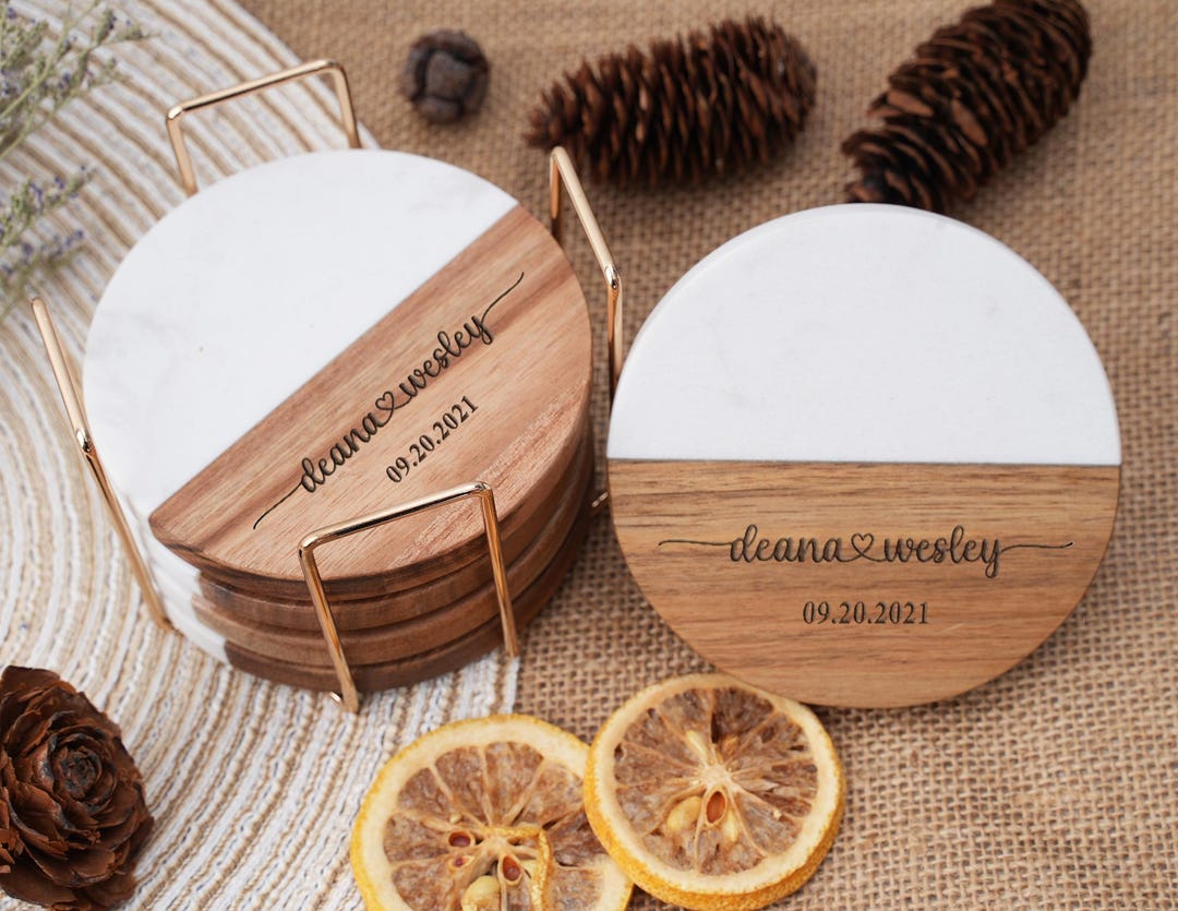 Personalized Marble Wood Coasters Set, Engraved Wedding Gift - Etsy