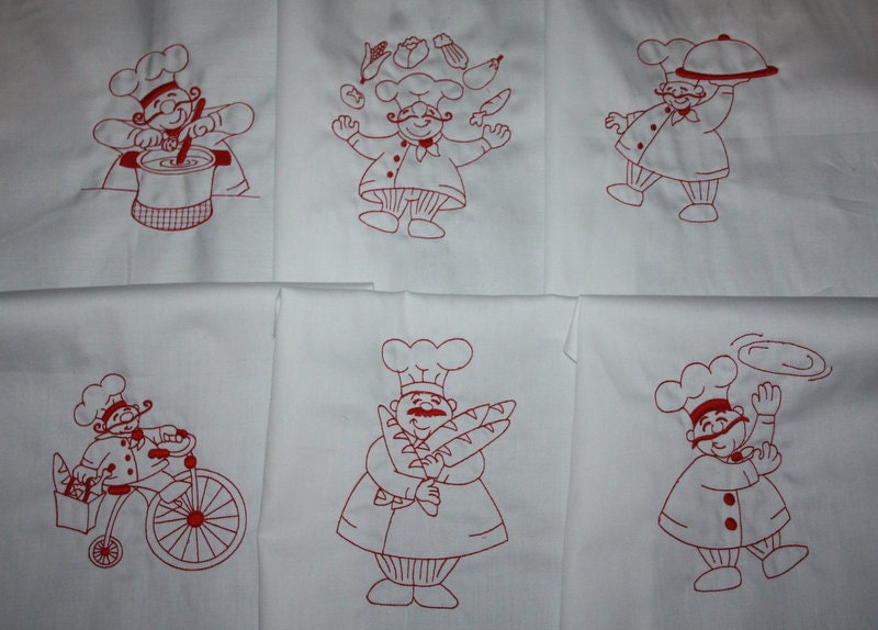 Redwork Chefs Machine Embroidered Qult Blocks Set A - Etsy