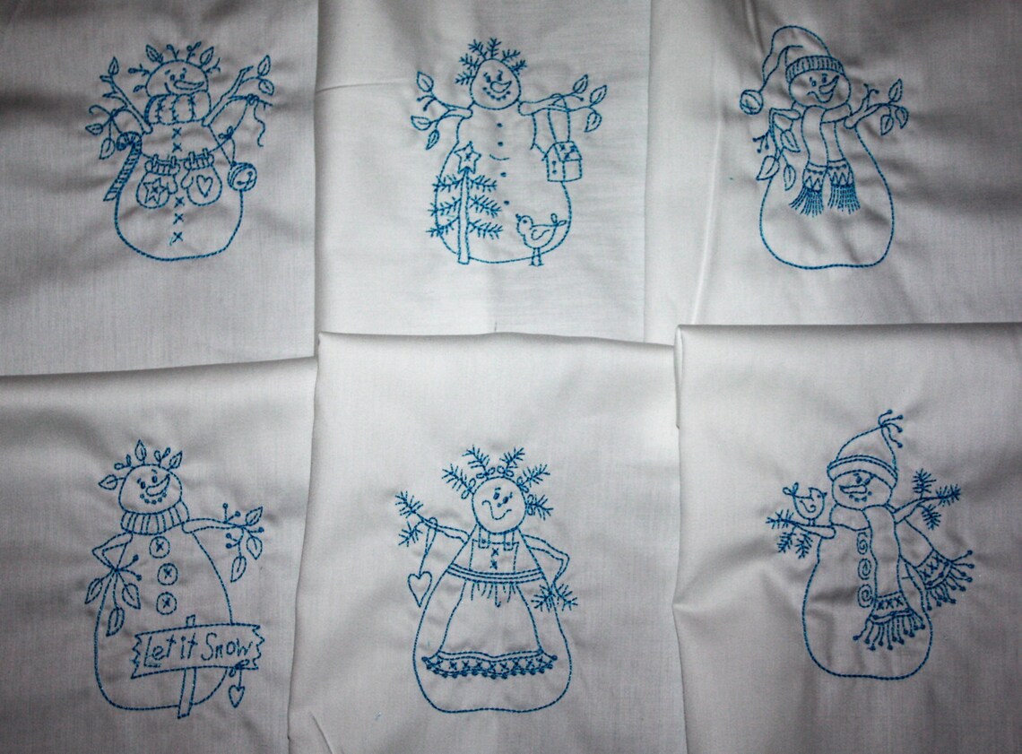 Redwork Snowman Set A machine Embroidered Quilt Blocks | Etsy