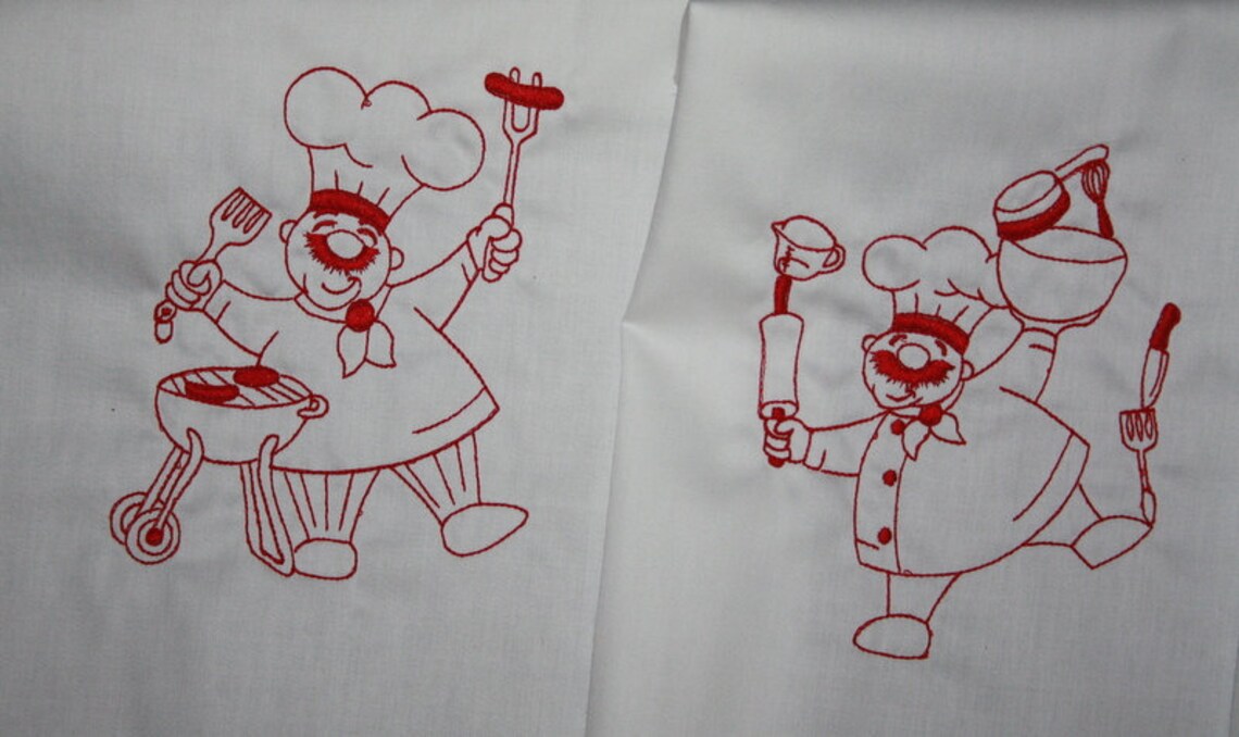 Redwork Chefs Machine Embroidered Quilt Blocks Set B - Etsy