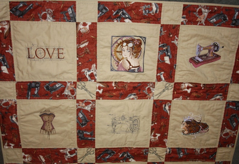 Steampunk Seamstress Rust Color Machine Embroidered Lap Quilt - Etsy