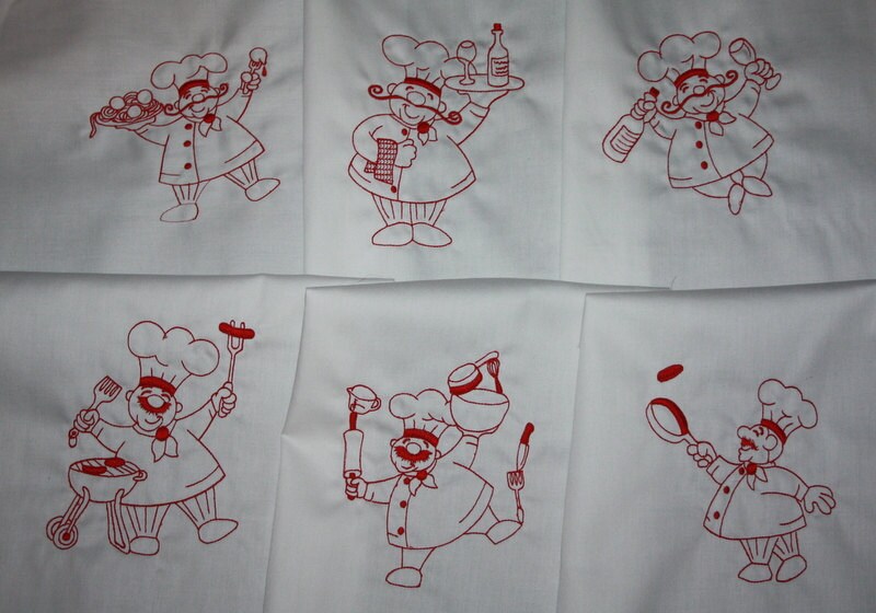 Redwork Chefs Machine Embroidered Quilt Blocks Set B - Etsy