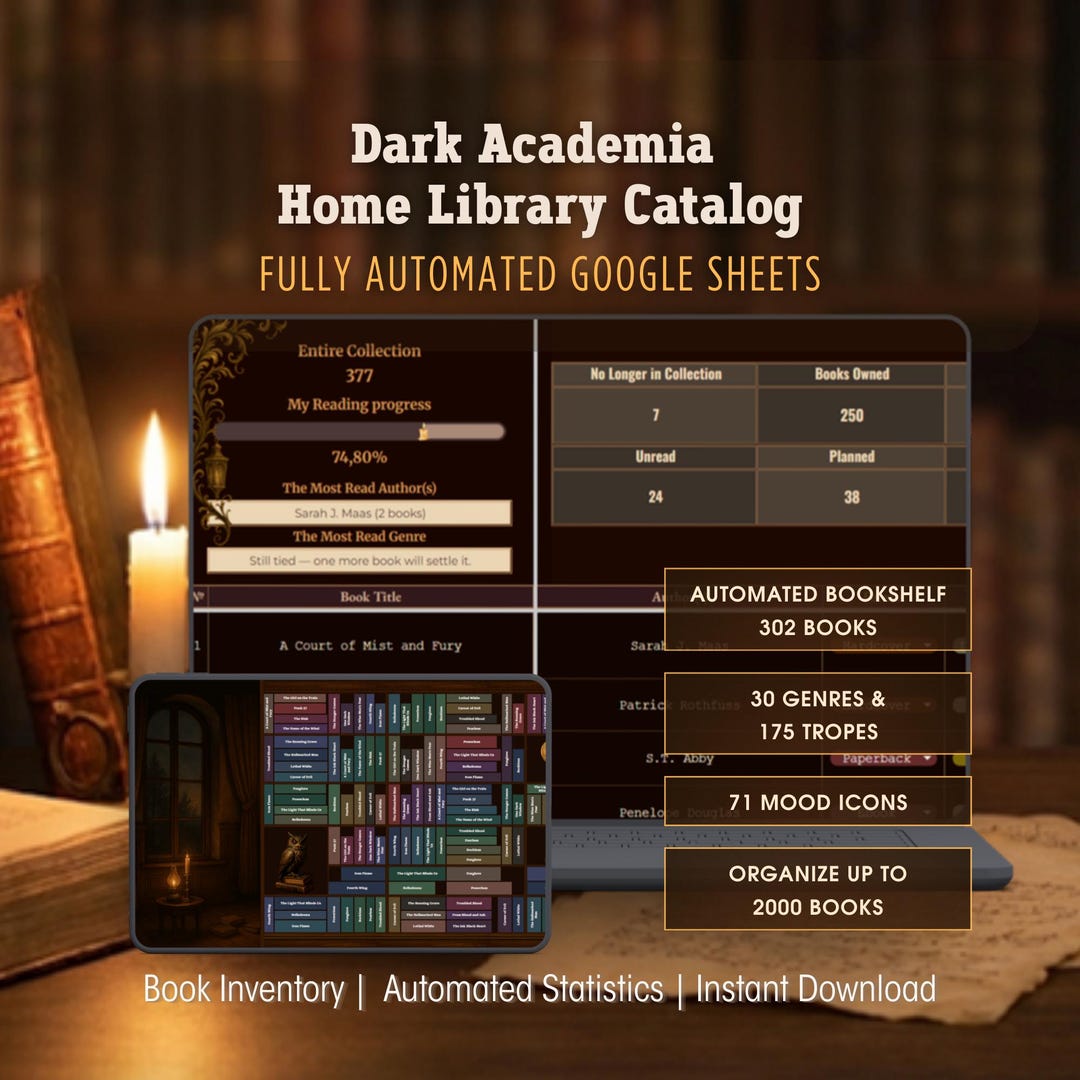 Automated Book Tracker Google Sheets | Dark Academia Library Catalog ...