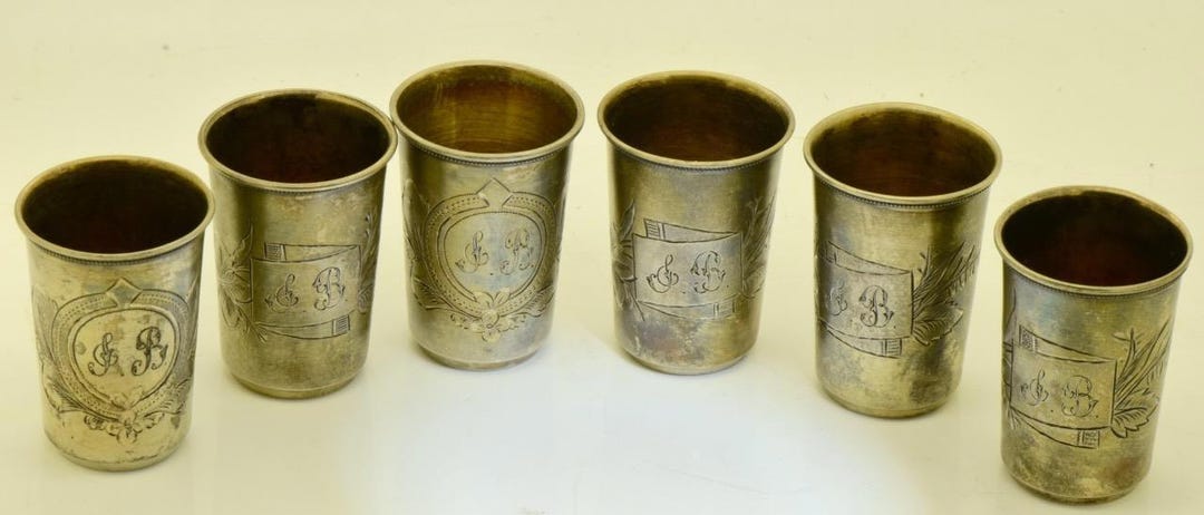 Antique Imperial Russ Tsar Era Vodka Cup Engraved Silver Set of 6 ...