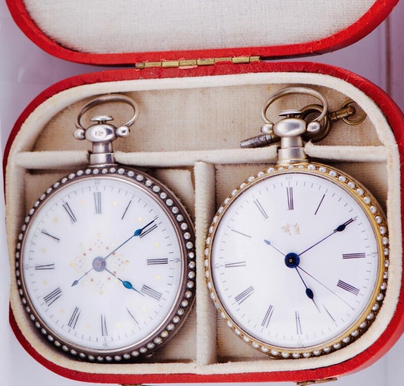 Antique Qing Dynasty Pair Pocket Watches Silver PEARLS Enamel Chinese ...