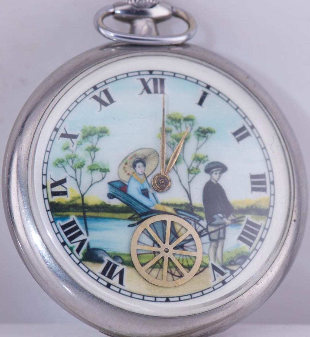 Antique Longinnes Pocket Watch-automaton Chinese Rickshaw Fancy Enamel ...