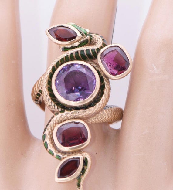 Antique Art-Nouveau Snake Serpent Ring 18k Gold Ename… - Gem