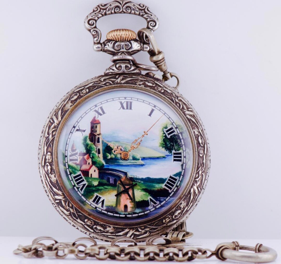 Antique Pocket Watch Automaton-dutch Mill Fancy Enamel Dial-oversize ...