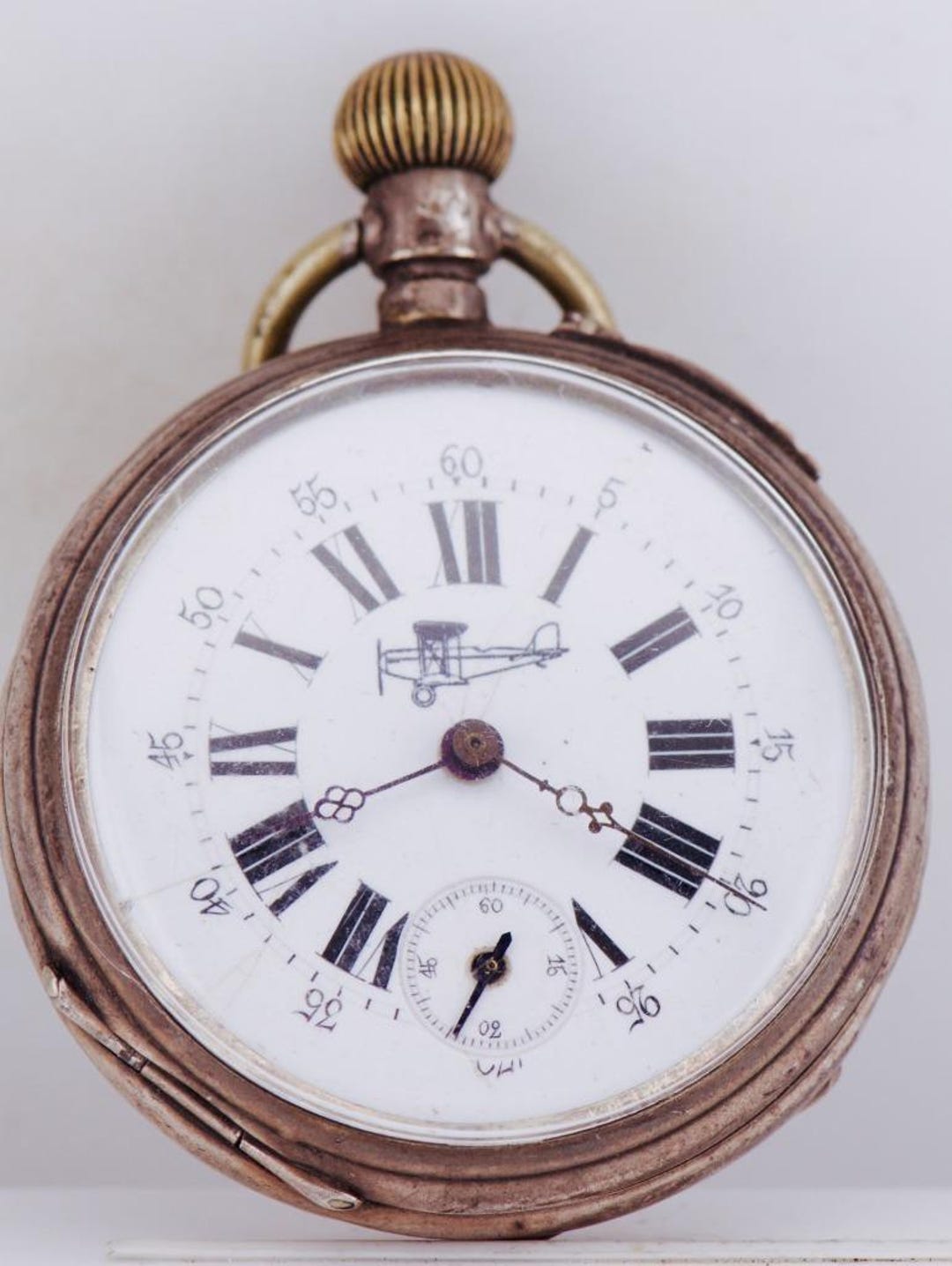 Antique WWI Era Silver Pilot’s Pocket Watch - 45mm - Biplane Dial ...