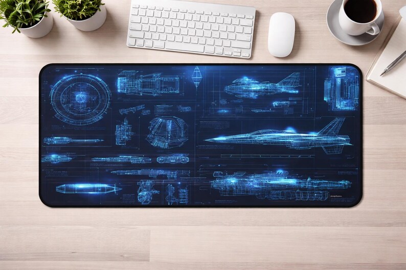 Blue Aircraft Blueprint Desk Mat Futuristic Space Blueprint Desk Mat ...