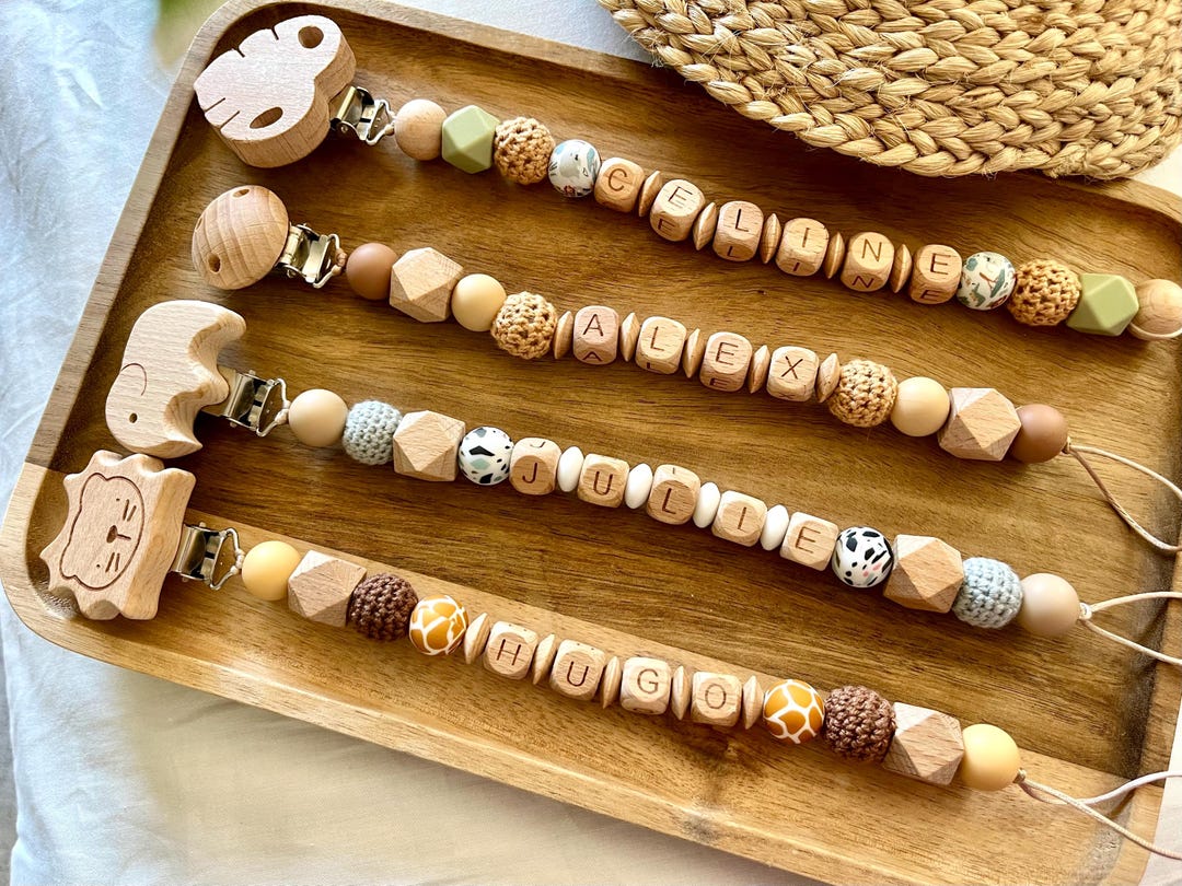 Personalized Baby Pacifier Clip Safari Lion Green Leaf Silicone Wooden ...