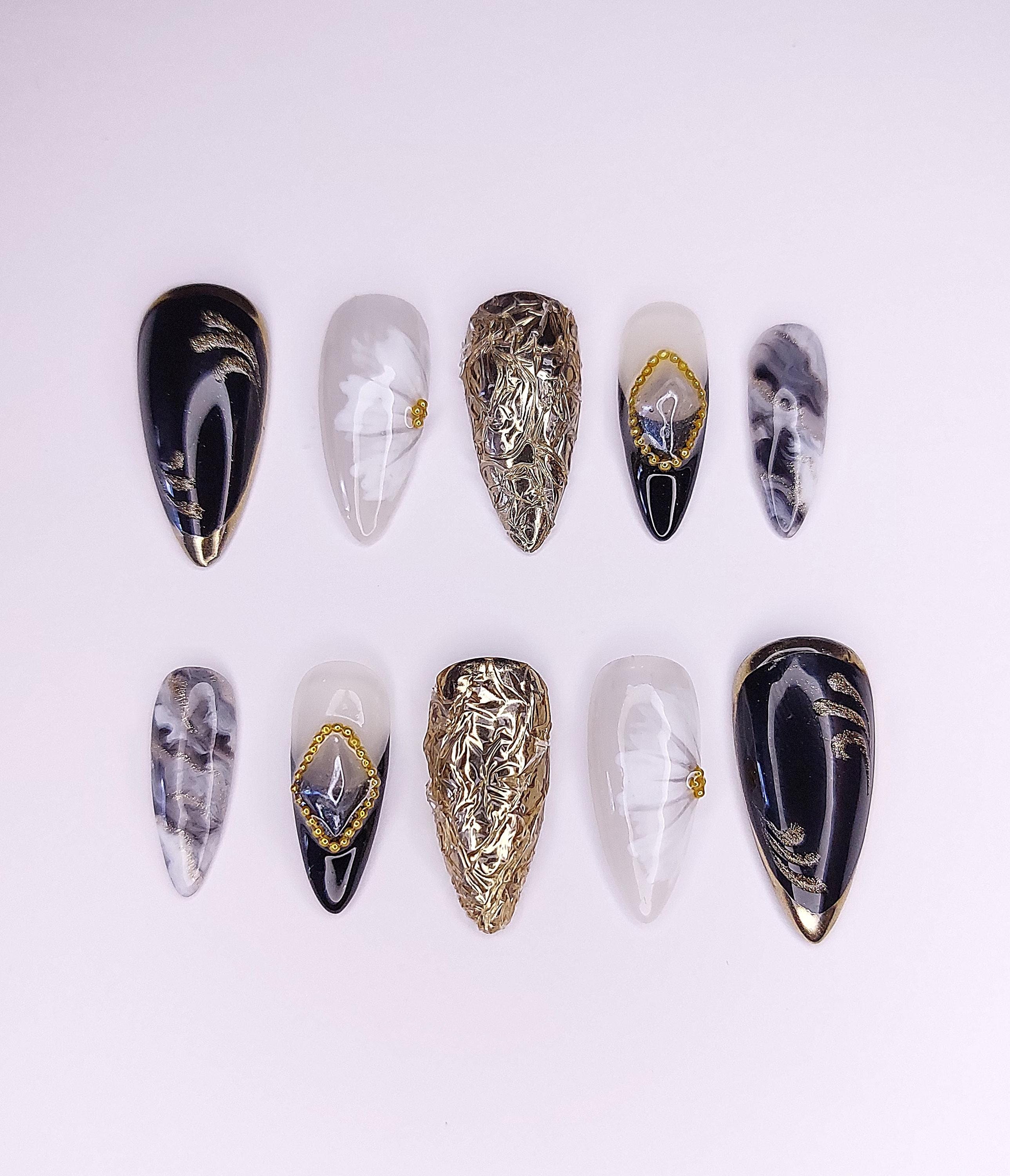 Black and Gold Press on Nails, Marble Design, Gold Designs and Gold ...
