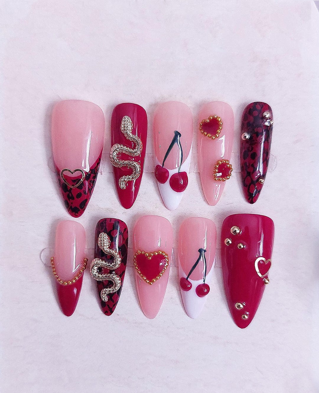 Red Cherries Set of Press on Nails, 3D Gel Cherries, Snake Foil and ...