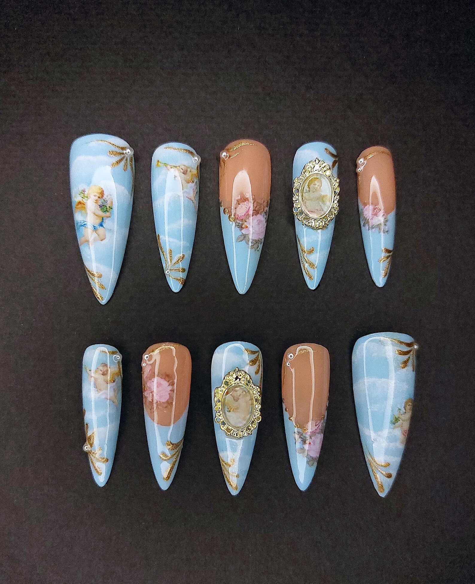 Vintage Angel Press on Nails Set, Stiletto Nails, Vintage Flowers and ...