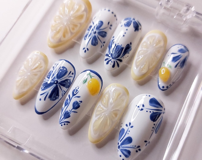 Porcelain and Lemons Press on Nails, Porcelain Inspired Nails ...