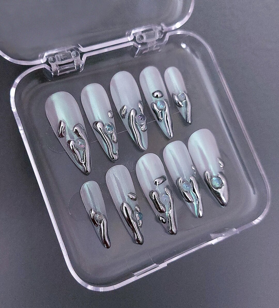 Silver Drops Press on Nails, Silver Chrome, Iridescent Chrome, Stiletto ...