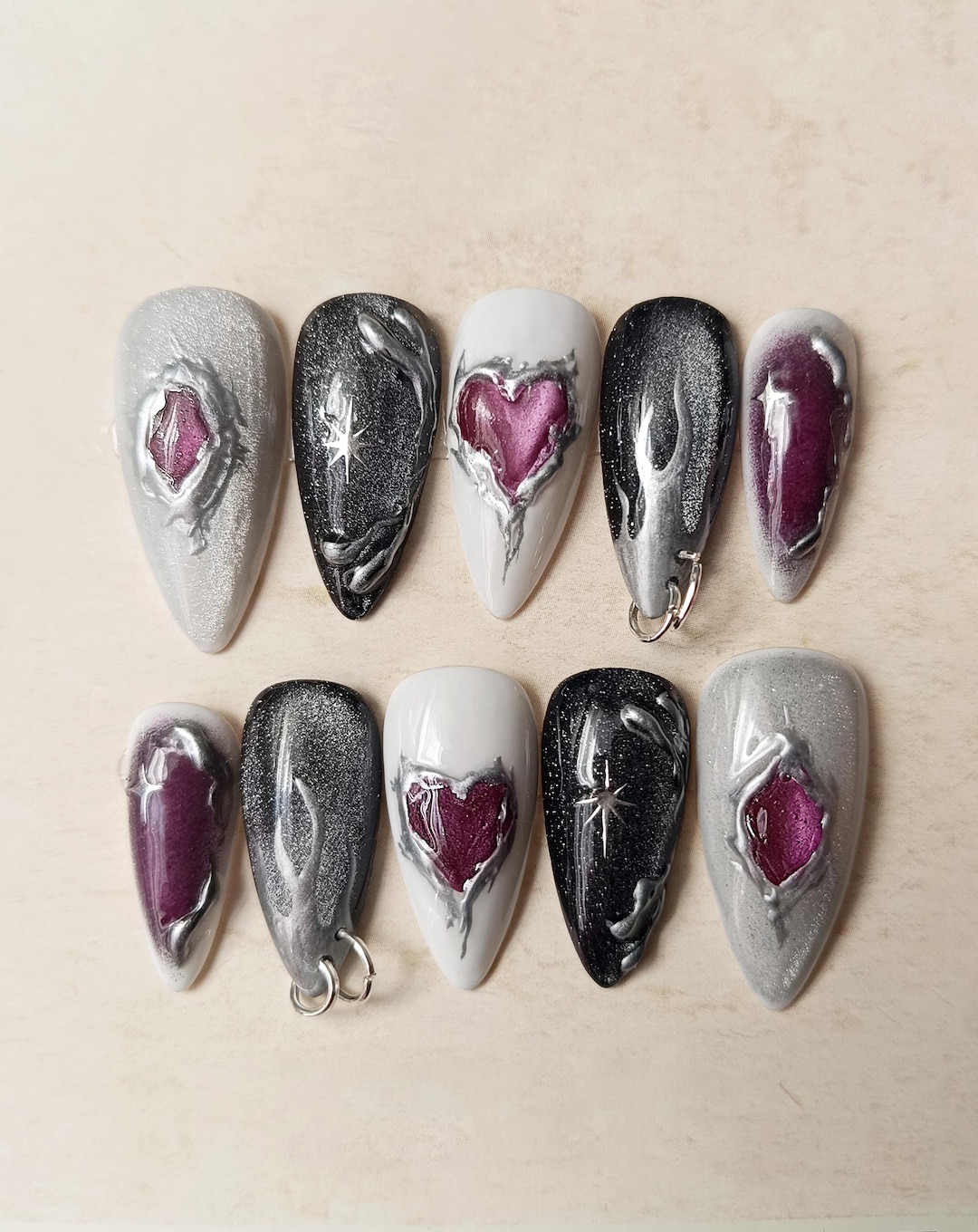 Goth Cat Eye Press on Nails Set, Blush Brush, Cat Eye Effect, Nail ...