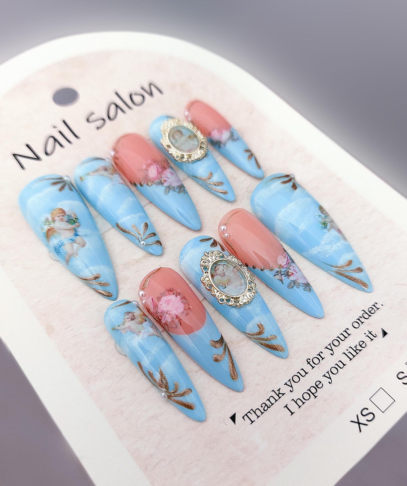Vintage Angel Press on Nails Set, Stiletto Nails, Vintage Flowers and ...