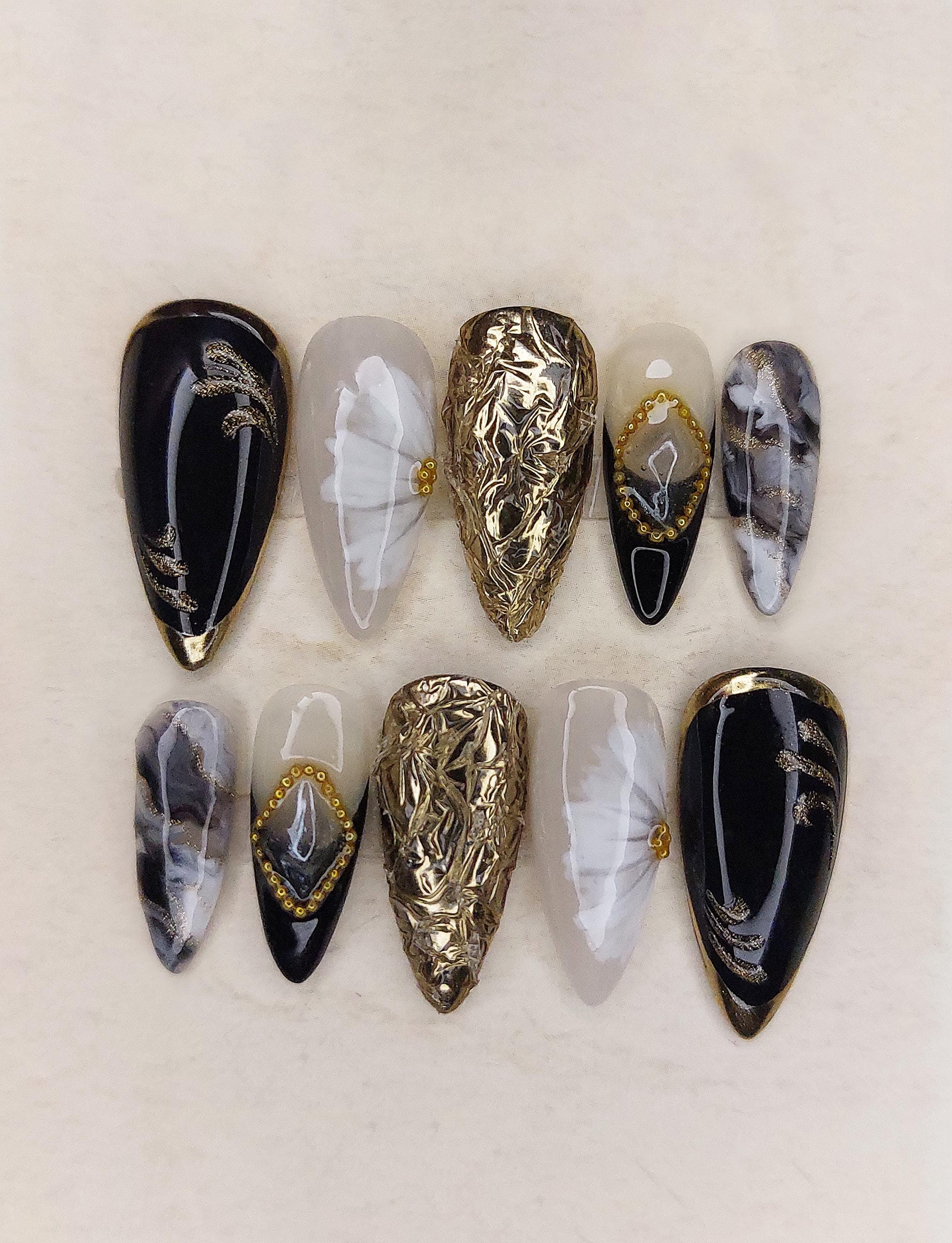 Black and Gold Press on Nails, Marble Design, Gold Designs and Gold ...