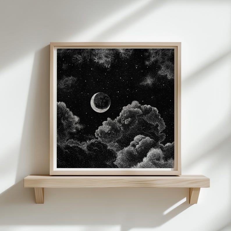 Starry Night, Art Print, Stippling Drawing, Black and White Art ...