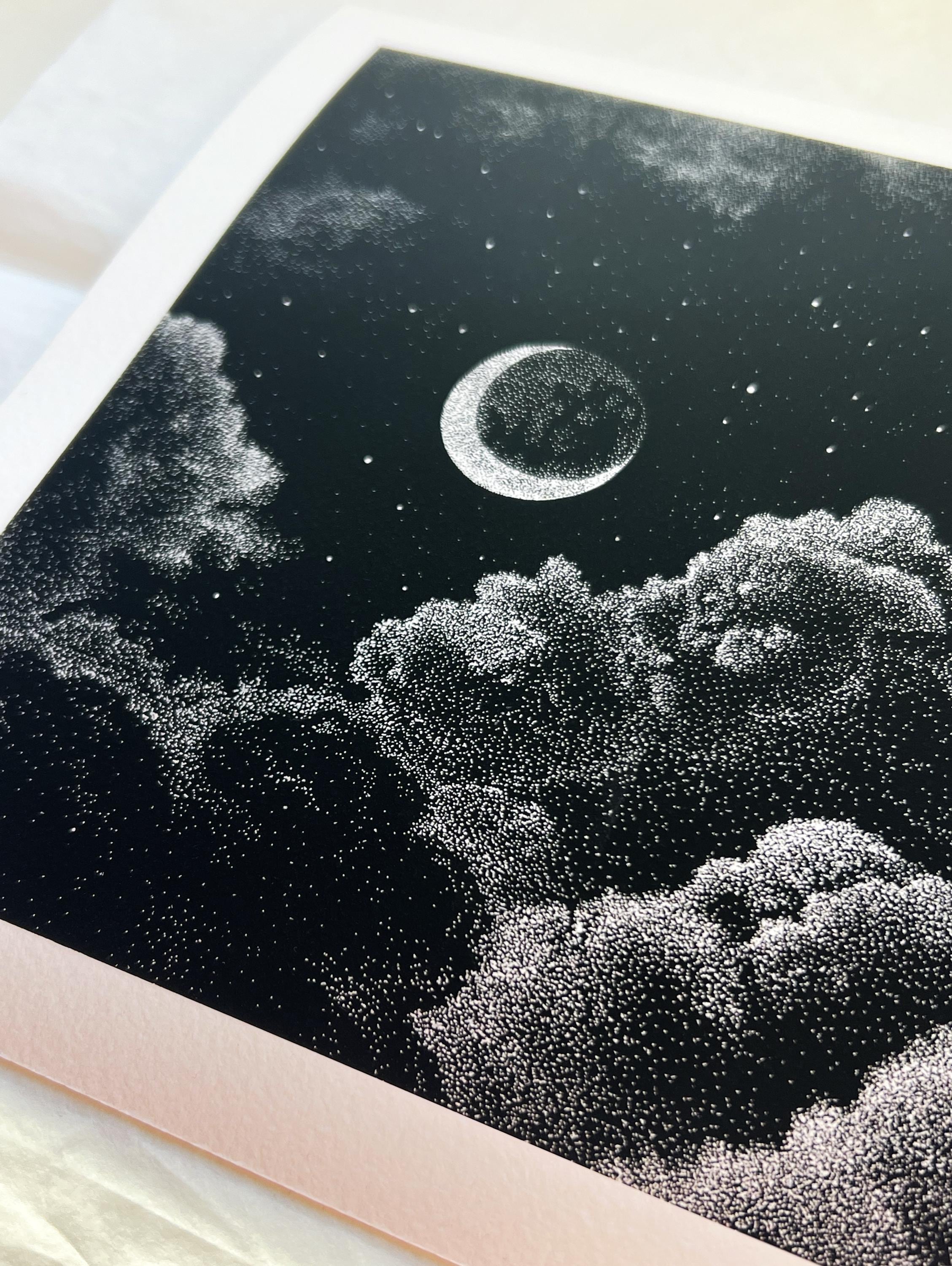 Starry Night, Art Print, Stippling Drawing, Black and White Art ...