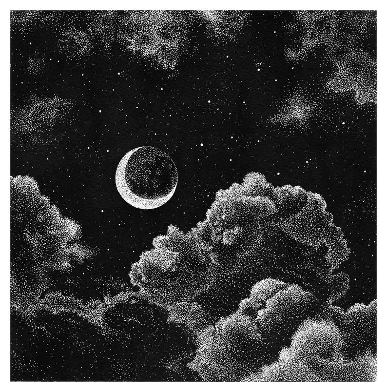 Starry Night, Art Print, Stippling Drawing, Black and White Art ...