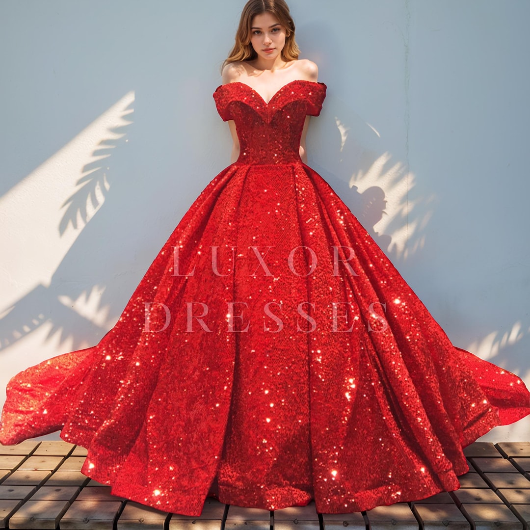 Crimson Red Sequin Ball Gown – Off-shoulder Prom Dress for Women - Etsy UK