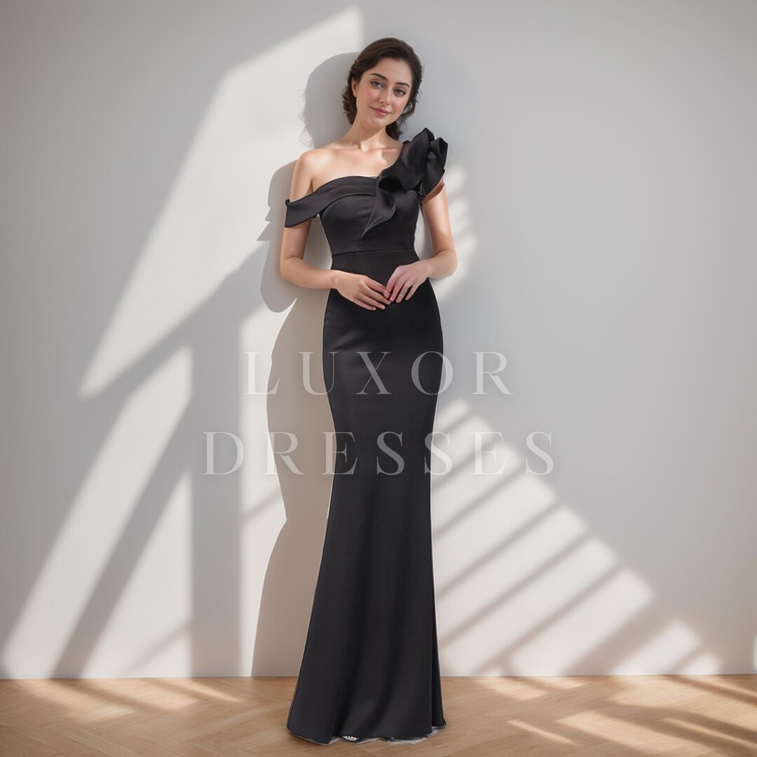 Elegant Black Mermaid Evening Dress - off Shoulder Satin Gown, Floor Length Formal Wear, Custom ...