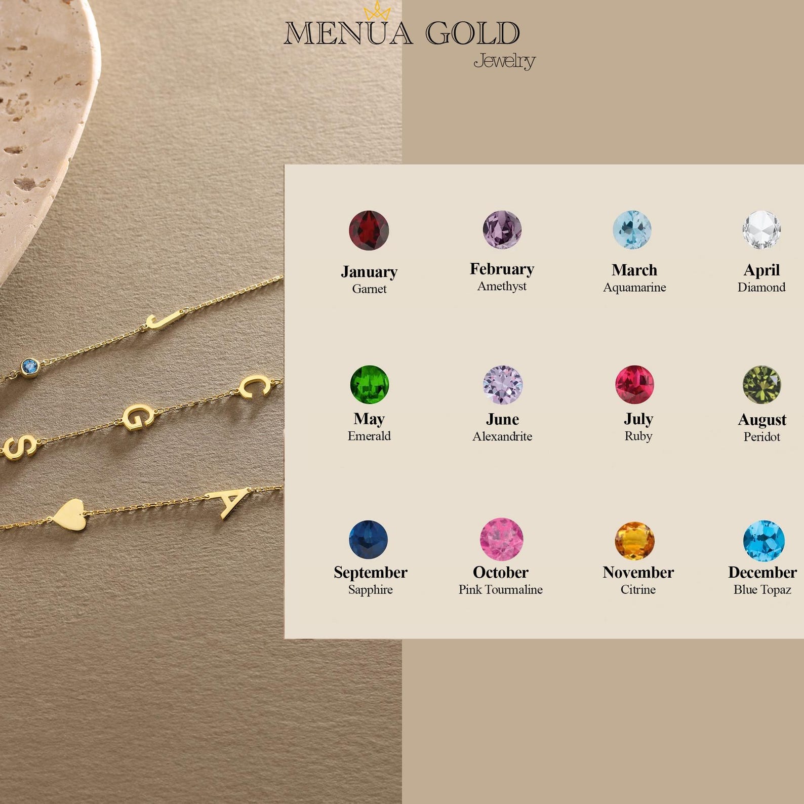 14K Solid Gold Birthstone Initial Bracelet: Personalized Letter Charm ...