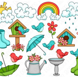 April Showers Clipart Set - Hand Drawn Digital Clipart - Rain, Rainbow ...