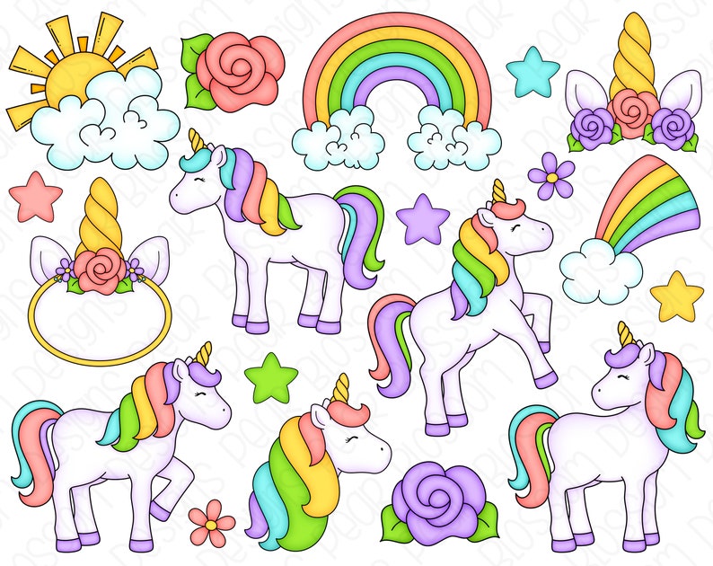 Unicorns and Rainbows Clipart Set Hand Drawn Digital Clipart - Etsy