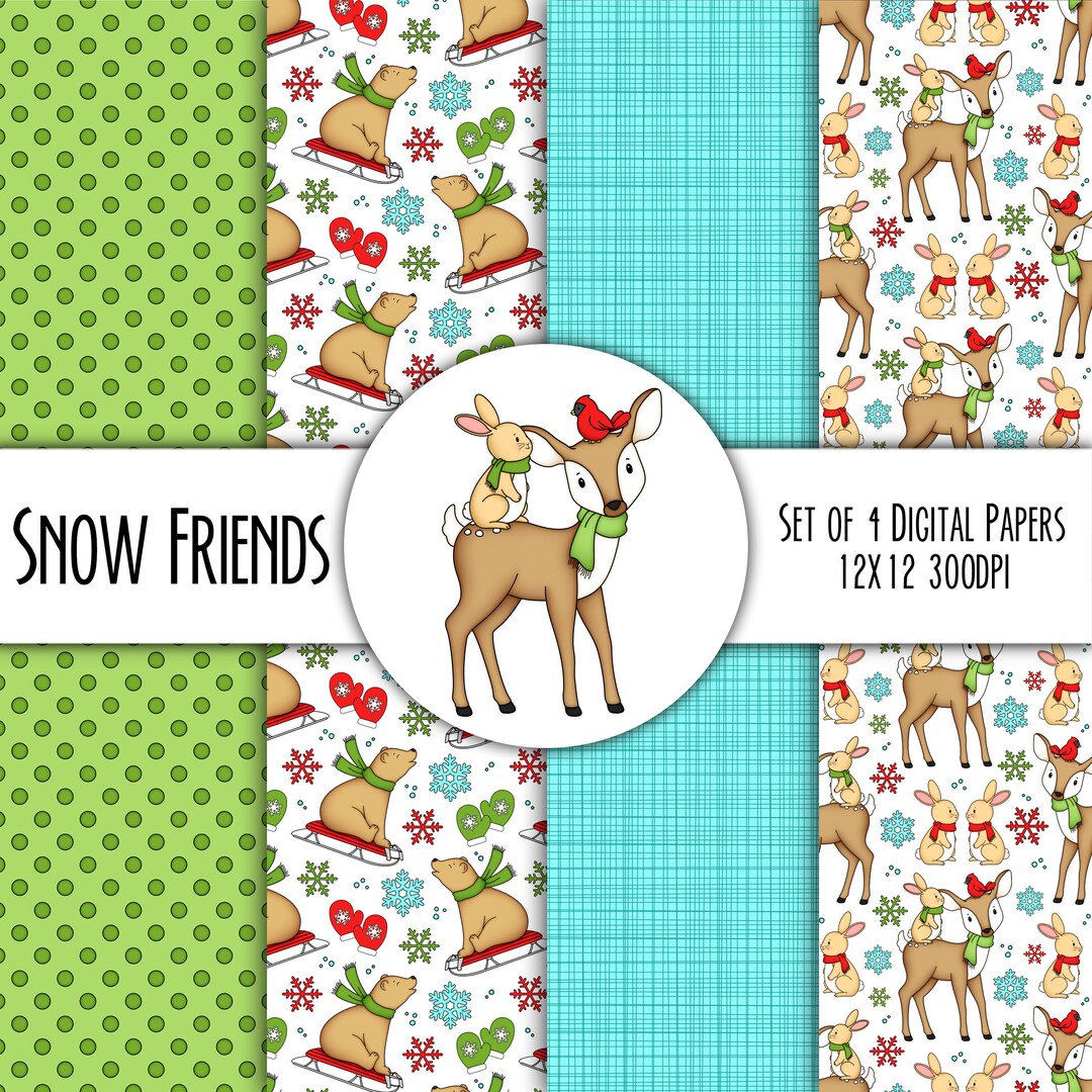 Snow Friends Hand Drawn Digital Paper Mini Pack - Set of 4 - Sledding ...