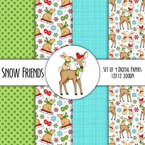 Snow Friends Hand Drawn Digital Paper Mini Pack Set of 4 - Etsy