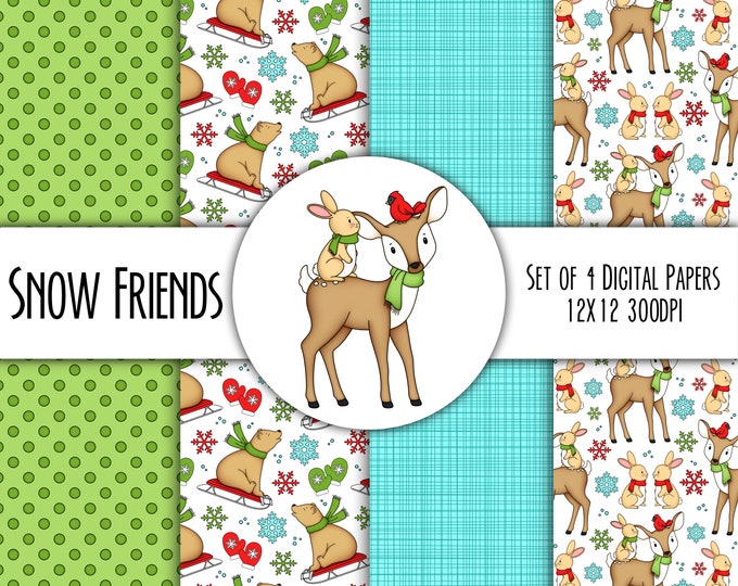 Snow Friends Hand Drawn Digital Paper Mini Pack Set of 4 - Etsy