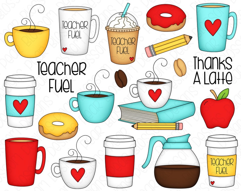 Teacher Fuel Coffee Clipart Set - Hand Drawn Digital Clipart - Item ...