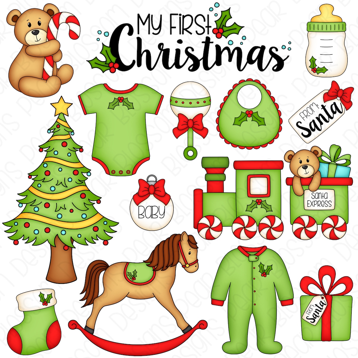 Baby's First Christmas Clipart Set - Hand Drawn Digital Clipart ...