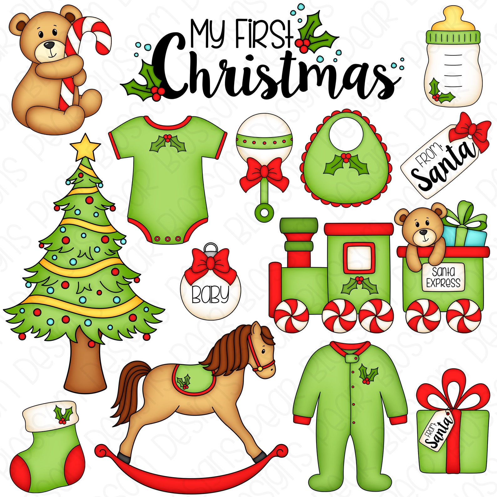 Baby's First Christmas Clipart Set - Hand Drawn Digital Clipart ...