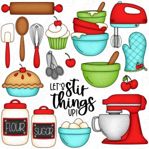 Cherry Bakery Hand Drawn Digital Clipart - Set of 18 - Retro Kitchen ...