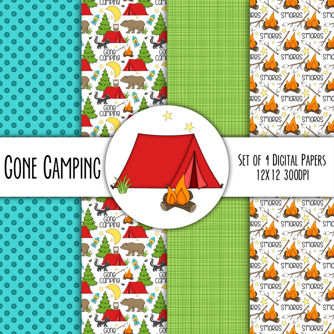 Gone Camping Hand Drawn Digital Paper Mini Pack - Set of 4 - Tent, S ...